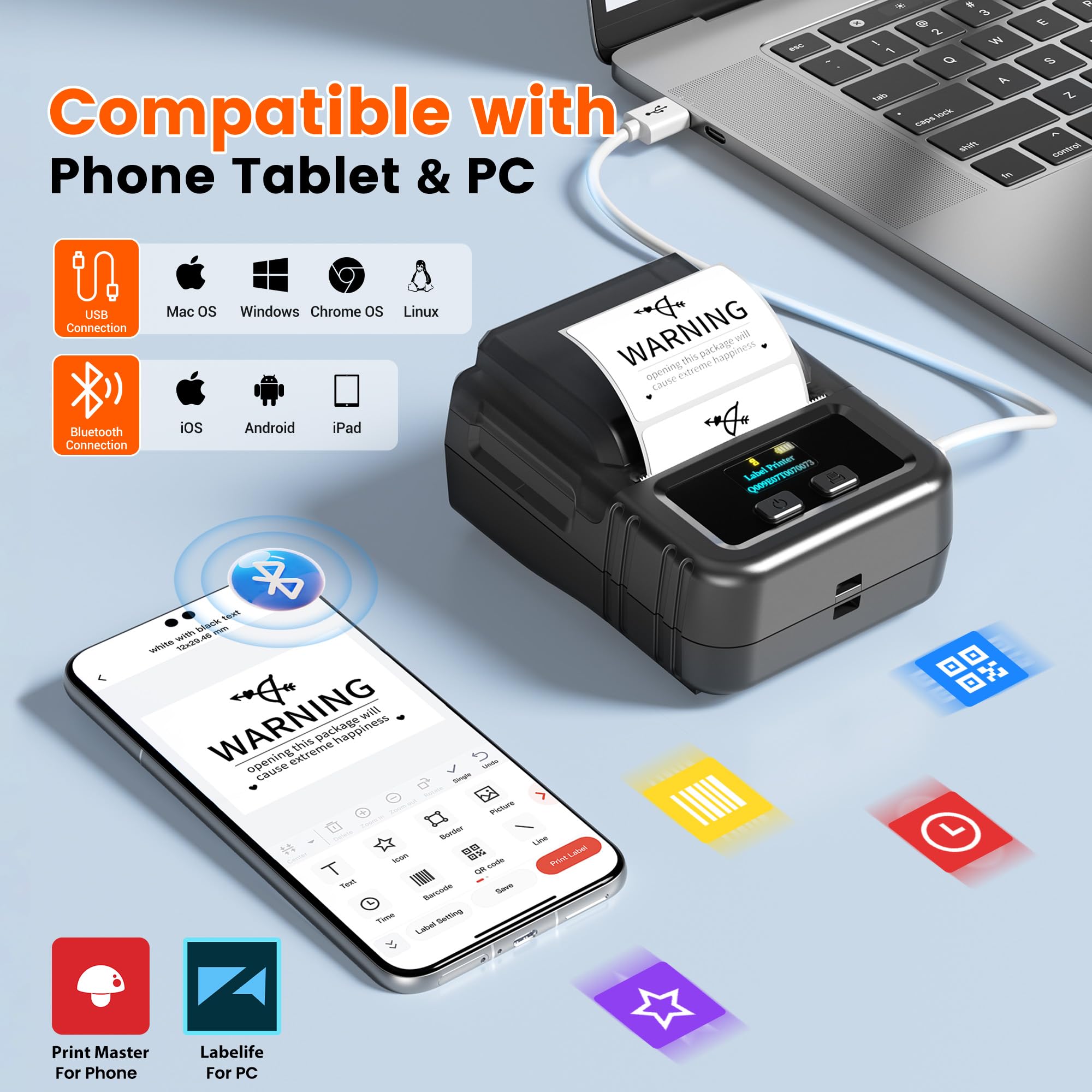 Phomemo M120 Label Maker- Barcode Printer Bluetooth Thermal Label Maker Machine 2 Inch 50mm Barcode Label Printer for Retail, QR Code, Small Business, Compatible with Android, iOS & PC, Black