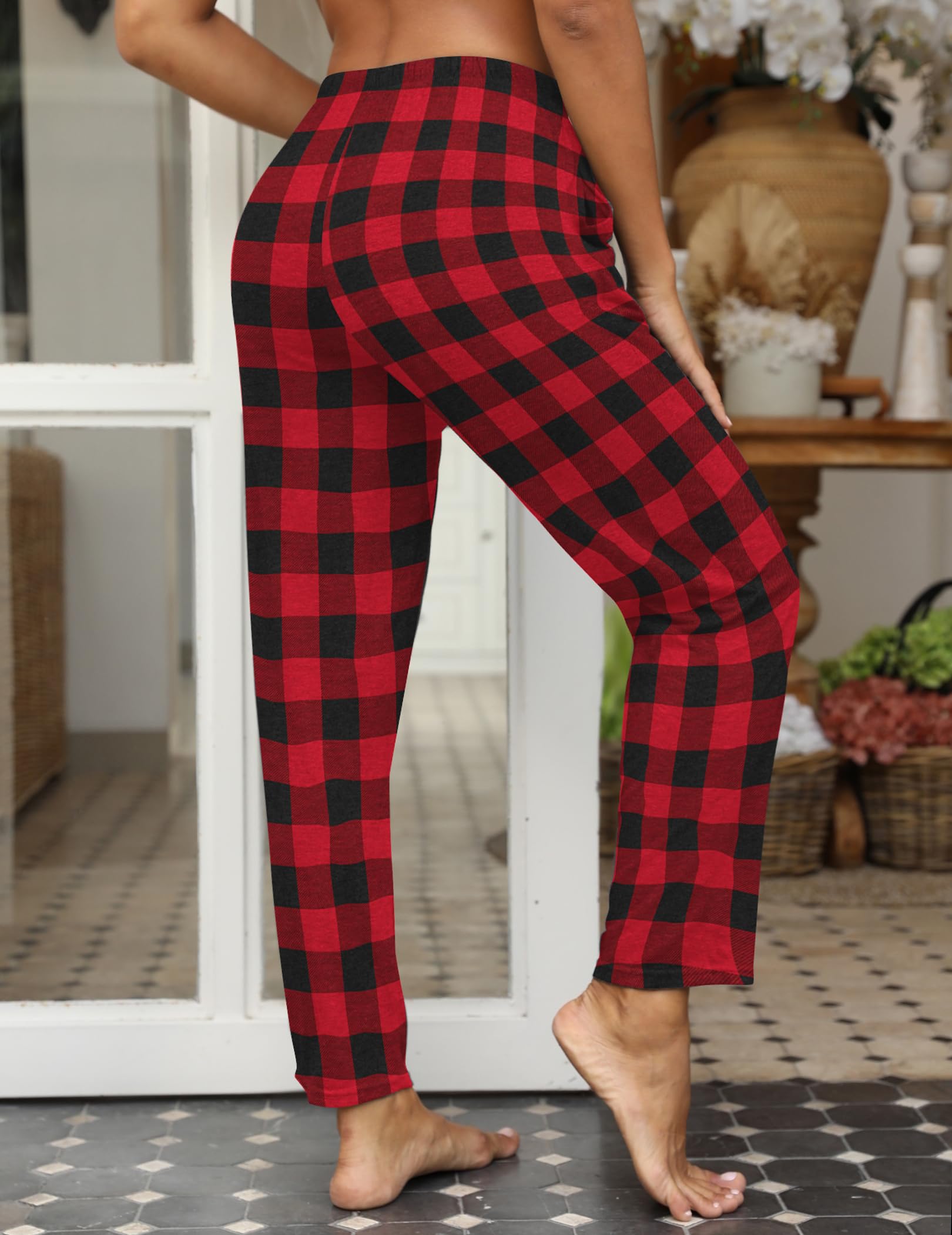 Ekouaer Women Pajama Pants Comfy Pj Bottom with Pockets Stretch Plaid Sleepwear Red and Black Plaid XX-Large