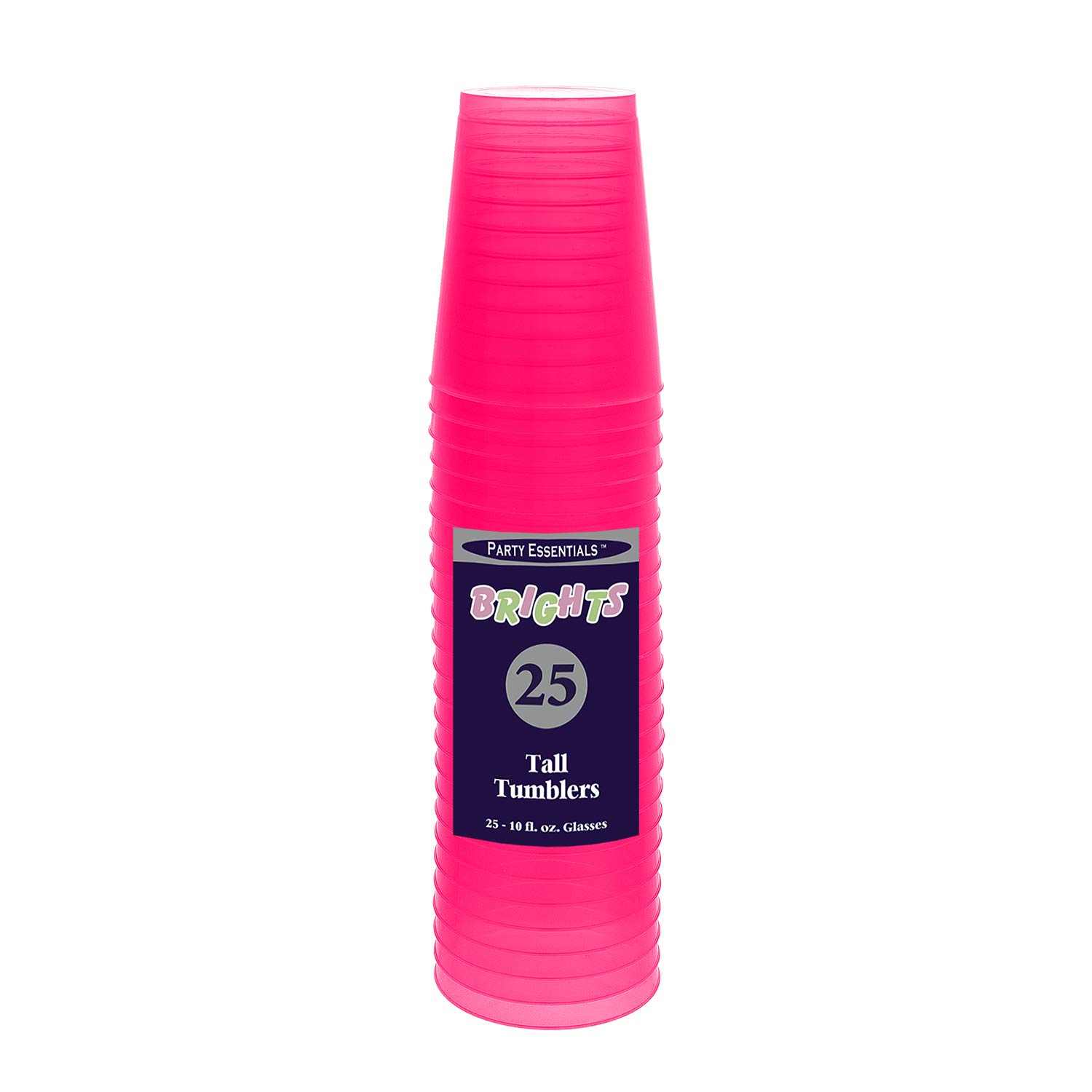 Party Essentials Hard Plastic 10-Ounce Party Cups and Tall Tumblers, Neon Pink, 25-Count
