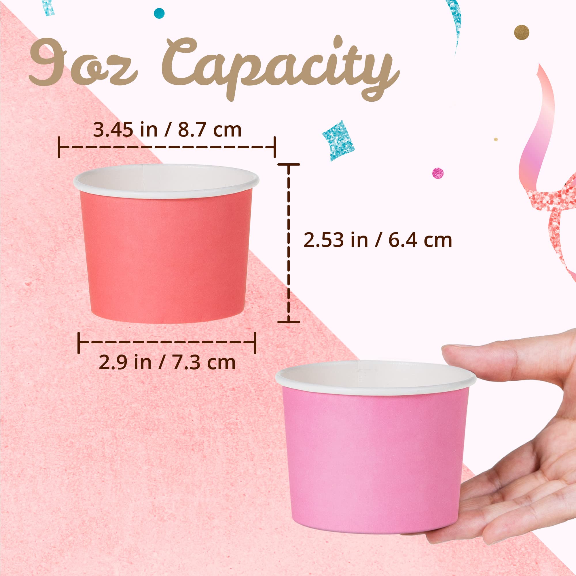 MATICAN Paper Ice Cream Cups, 50-Pack 9-oz Disposable Dessert Bowls for Hot and Cold, 9-ounce, Hot Pink, Baby Pink, Mint, Yellow, Blue