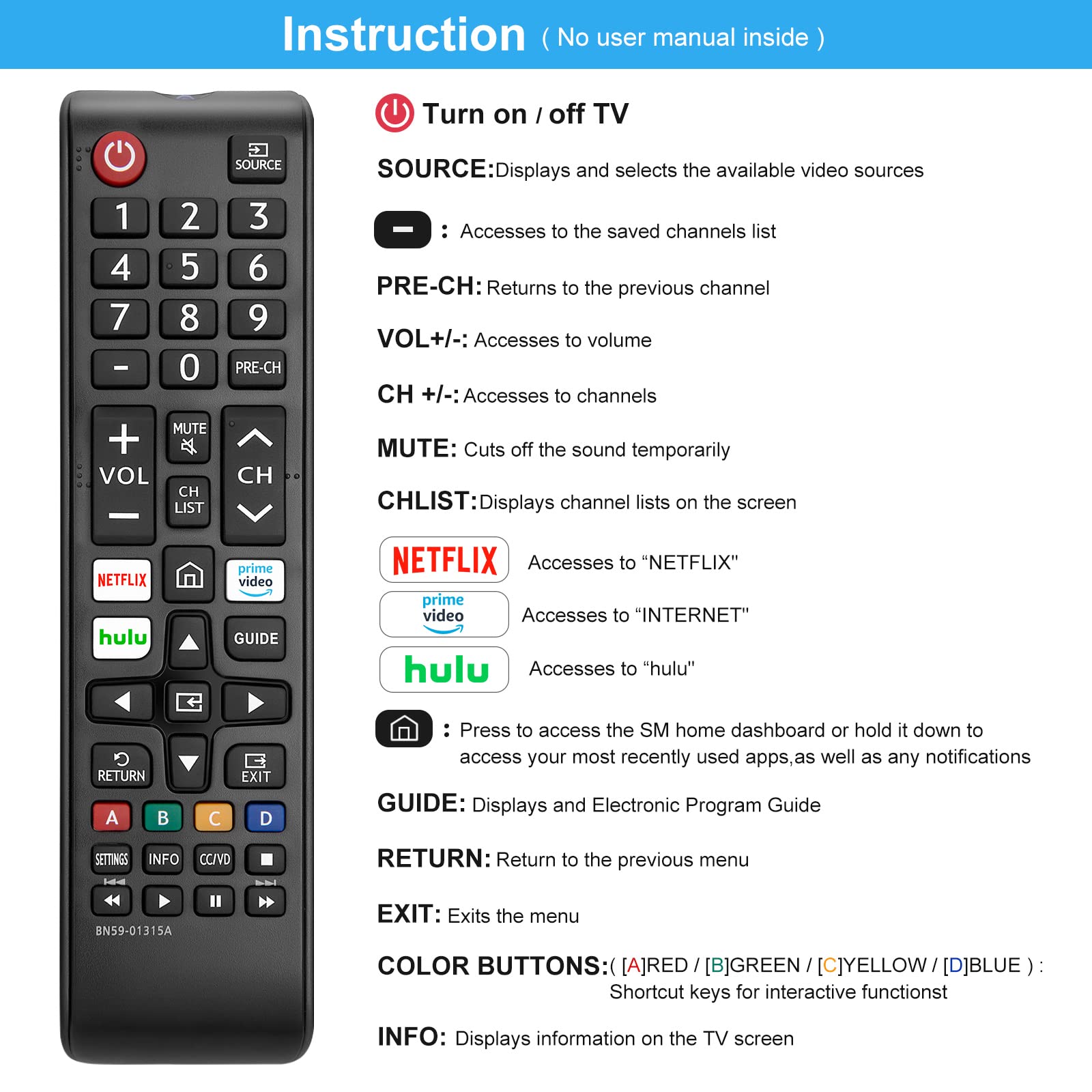 (Pack of 2) Replacement Remote Control for Samsung-TV-Remote for All Samsung LCD LED HDTV 3D Smart TVs Models