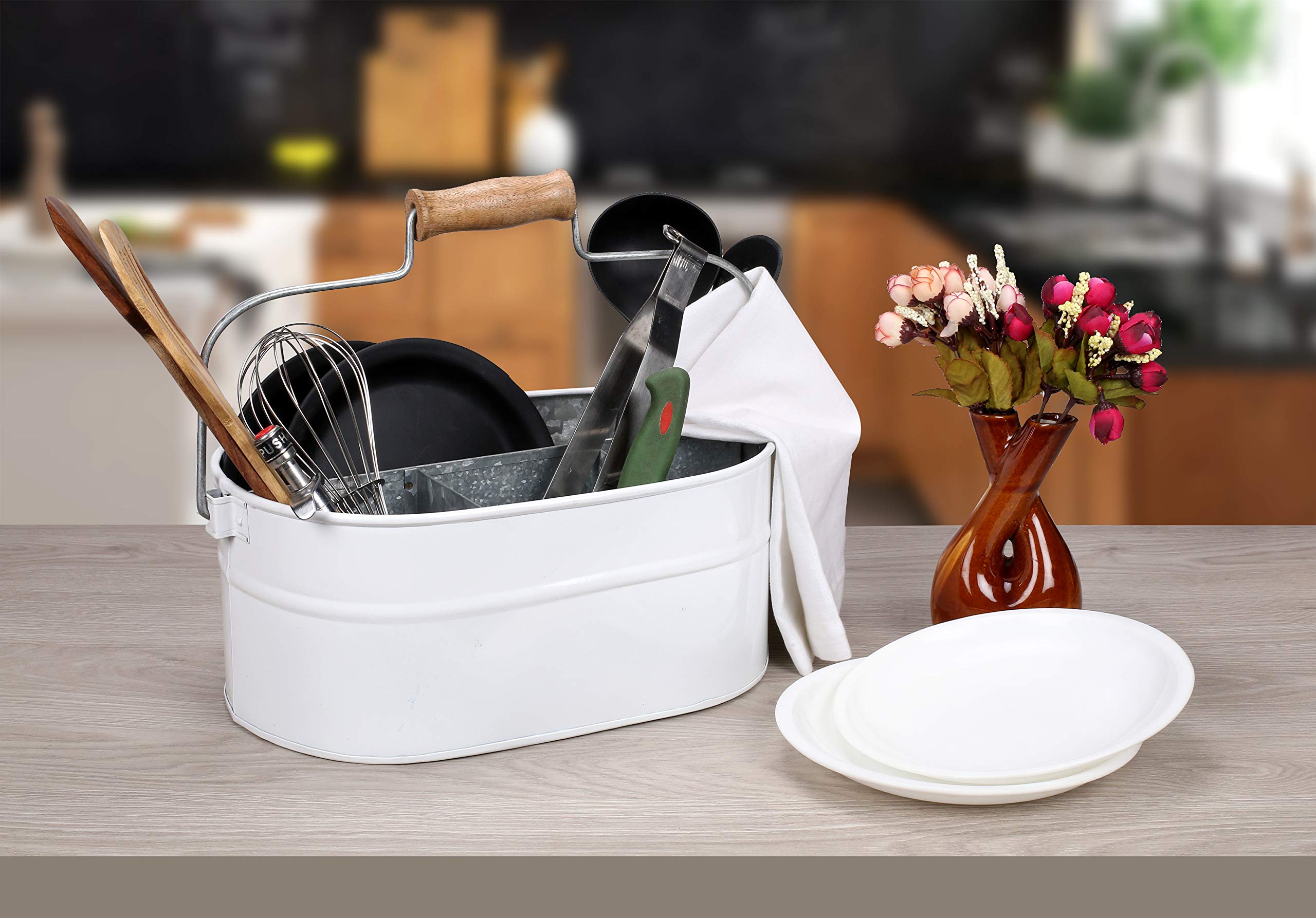 Life By Cotton Farmhouse Galvanized Flatware Caddy Organizer for Home & Kitchen Counter-top/Outdoor Storage Dining Table Comfortable with Wooden Handle Storage - White ( Size - 13.5L x10W x 5.5H )