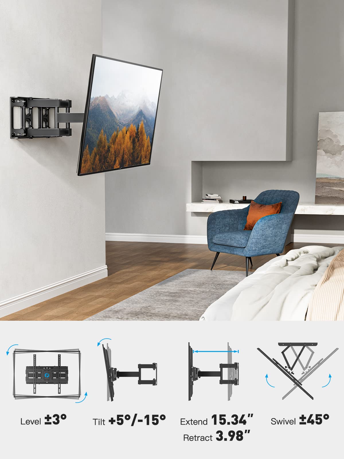 Pipishell TV Wall Mount for 26-65 inch LED LCD OLED 4K TVs, Full Motion TV Mount Bracket Articulating Swivel Extension Tilting Leveling Max VESA 400x400mm Holds up to 99lbs, Fits 12/16 Inch Wood Stud