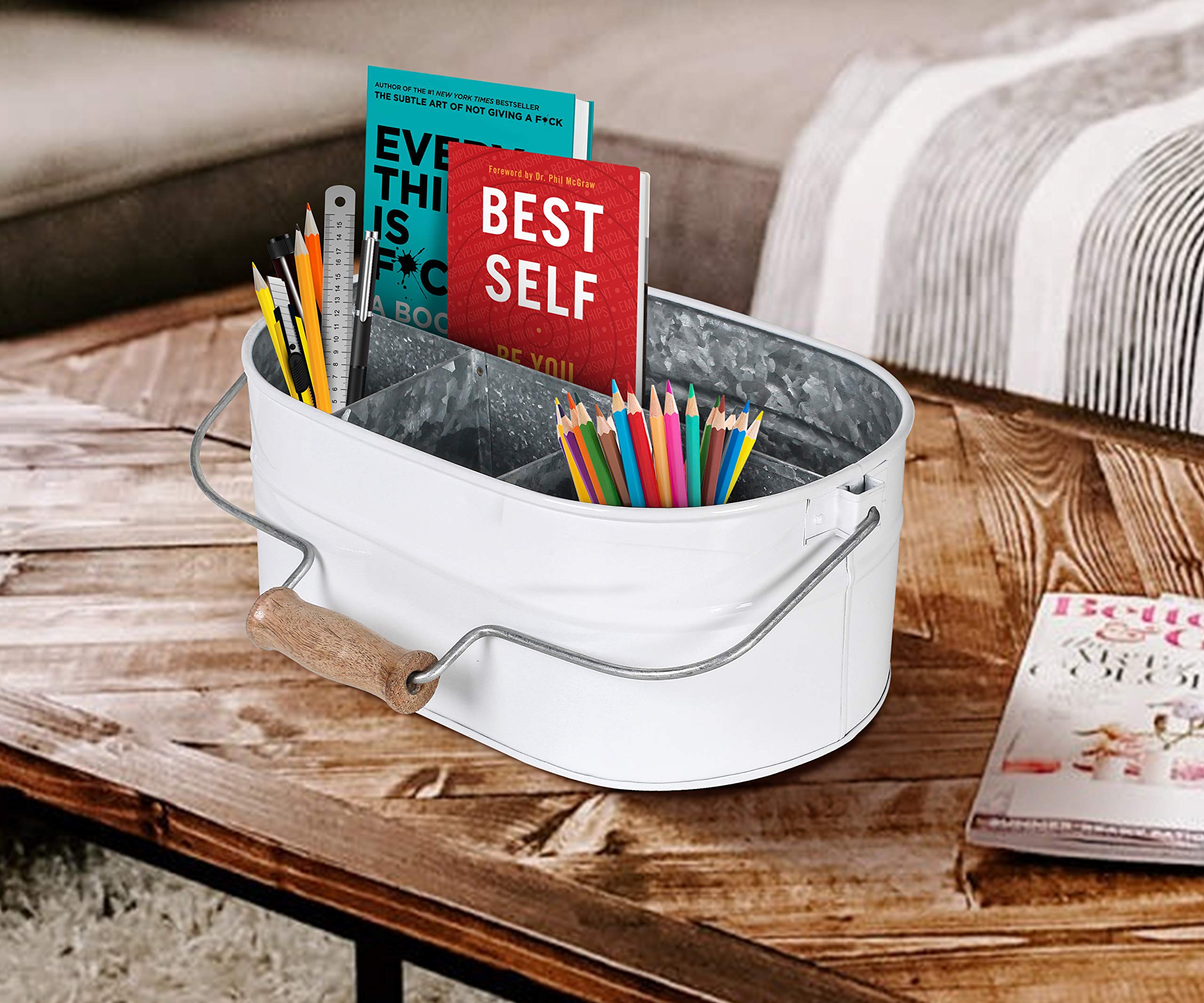 Life By Cotton Farmhouse Galvanized Flatware Caddy Organizer for Home & Kitchen Counter-top/Outdoor Storage Dining Table Comfortable with Wooden Handle Storage - White ( Size - 13.5L x10W x 5.5H )