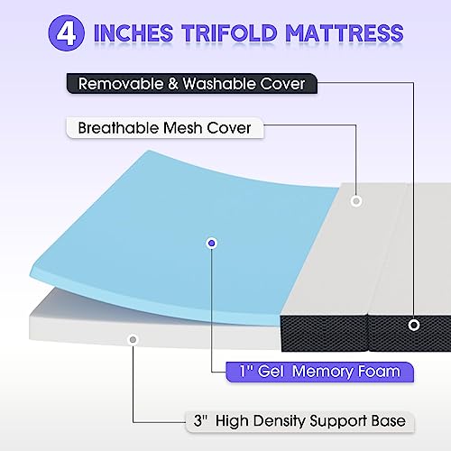 Small Folding Mattress, 4 inch Twin Mattress with Breathable & Washable Cover, Trifold Mattress for Camping, Guest, Floor RV, CertiPUR-US Certified, Foldable Mattress - 75" x 25" x 4" (Small Twin)