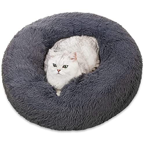 WELLYELO Calming Dog Bed, 20In Donut Dog Bed, Anti Anxiety Dog Bed & Cat Bed, Machine Washable Fluffy Plush Round Dog Beds for Small Medium Dogs Cats (Small, Gray)
