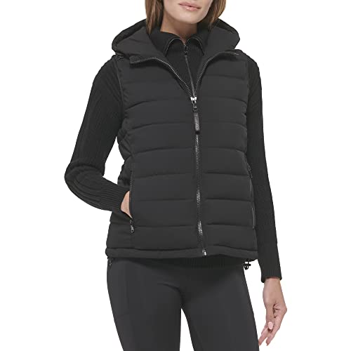 Calvin Klein Women's Hooded Casual Stretch Fabric Quilted Vest, Black, Large