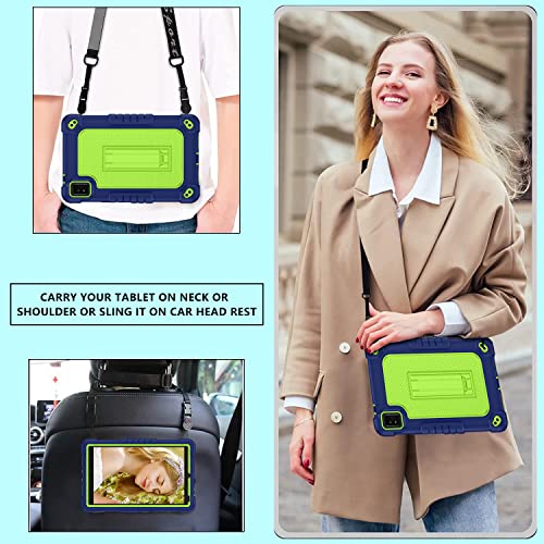 SOATUTO Case for Moxee Tablet 2 8 inch Case for Moxee 8" 2022 Model MT-T8B22 Tablet Shock Resistant Rugged Hybrid Kids Friendly Cover Built-in Hand Free Kickstand Shoulder Strap (Navy+Green)