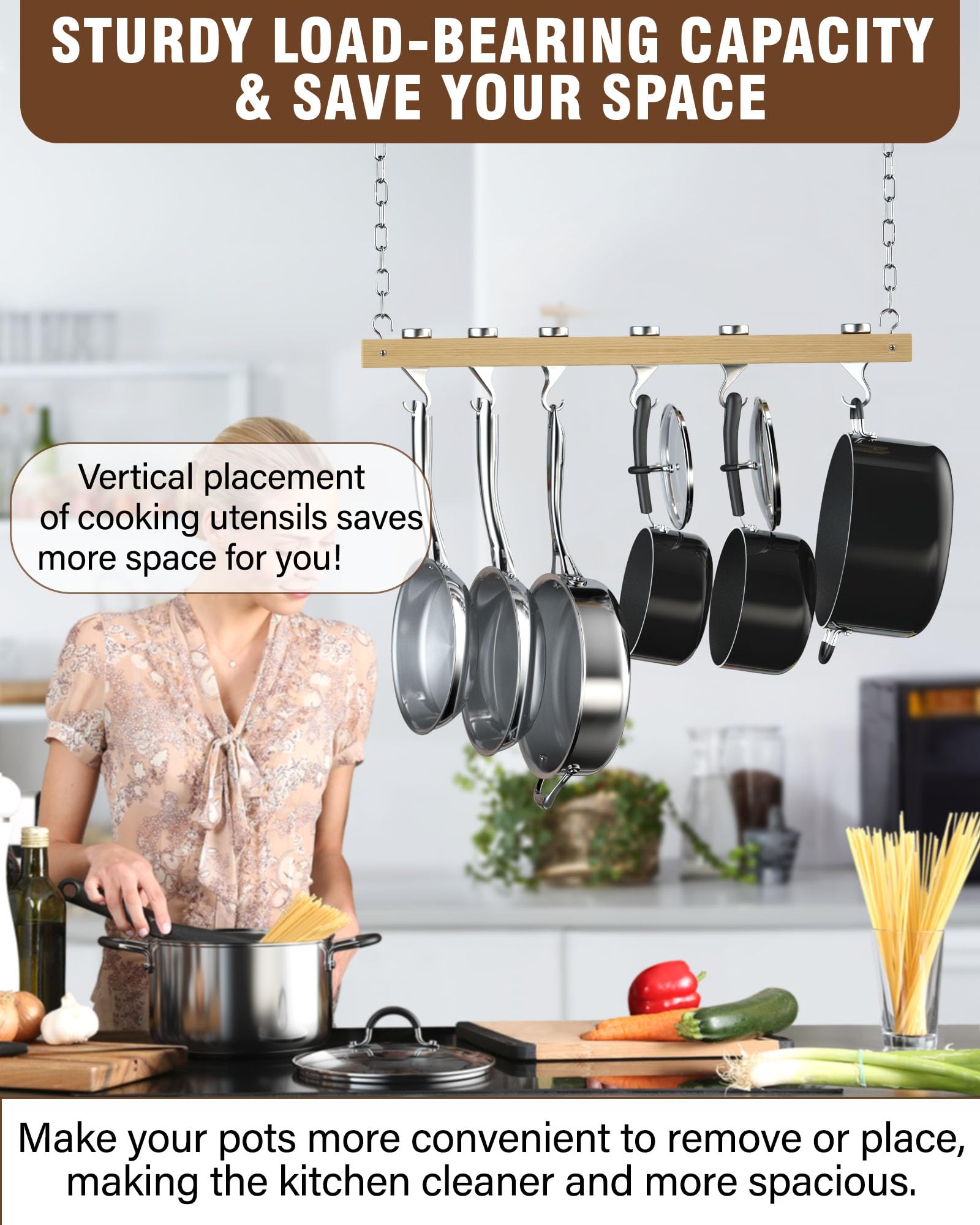 Cooks Standard NC-00269 Standard, Single Bar, 36-Inch Ceiling Mounted Wooden Pot Rack, Brown