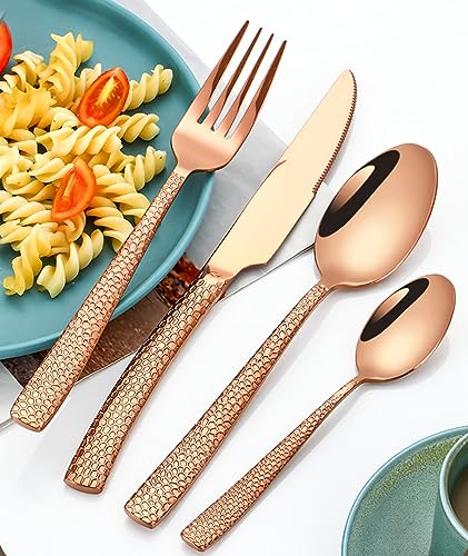 Gold Hammered Silverware Set With Steak Knife Cutlery Utensil,Food-Grade Stainless Steel Flatware,Durable Home Restaurant Small Business,Mirror Finish Tableware