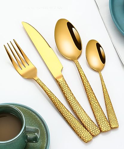 Gold Hammered Silverware Set With Steak Knife Cutlery Utensil,Food-Grade Stainless Steel Flatware,Durable Home Restaurant Small Business,Mirror Finish Tableware