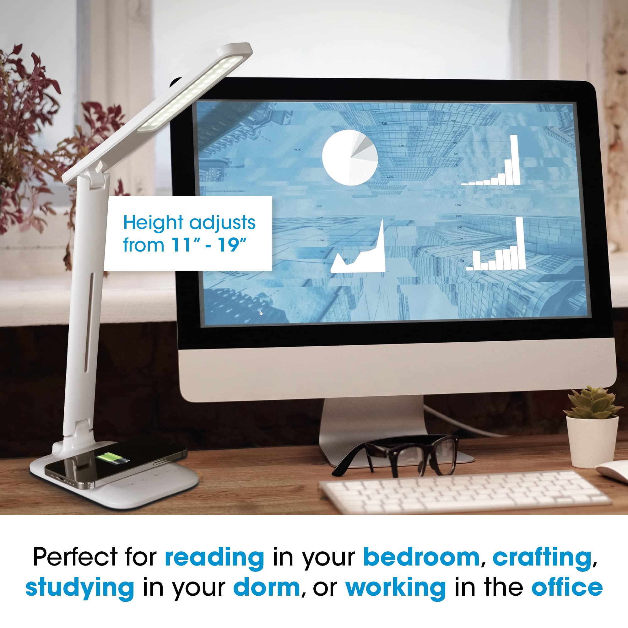 OttLite Charge Up LED Desk Lamp with Wireless Qi Charging & USB Charging Port, with ClearSun LED Technology - Adjustable Neck, 3 Color Temperature Modes, Reduces Eyestrain - Travel-Friendly Task Lamp
