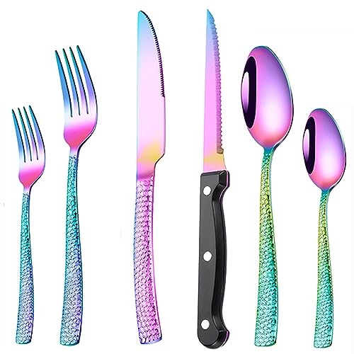 Gold Hammered Silverware Set With Steak Knife Cutlery Utensil,Food-Grade Stainless Steel Flatware,Durable Home Restaurant Small Business,Mirror Finish Tableware