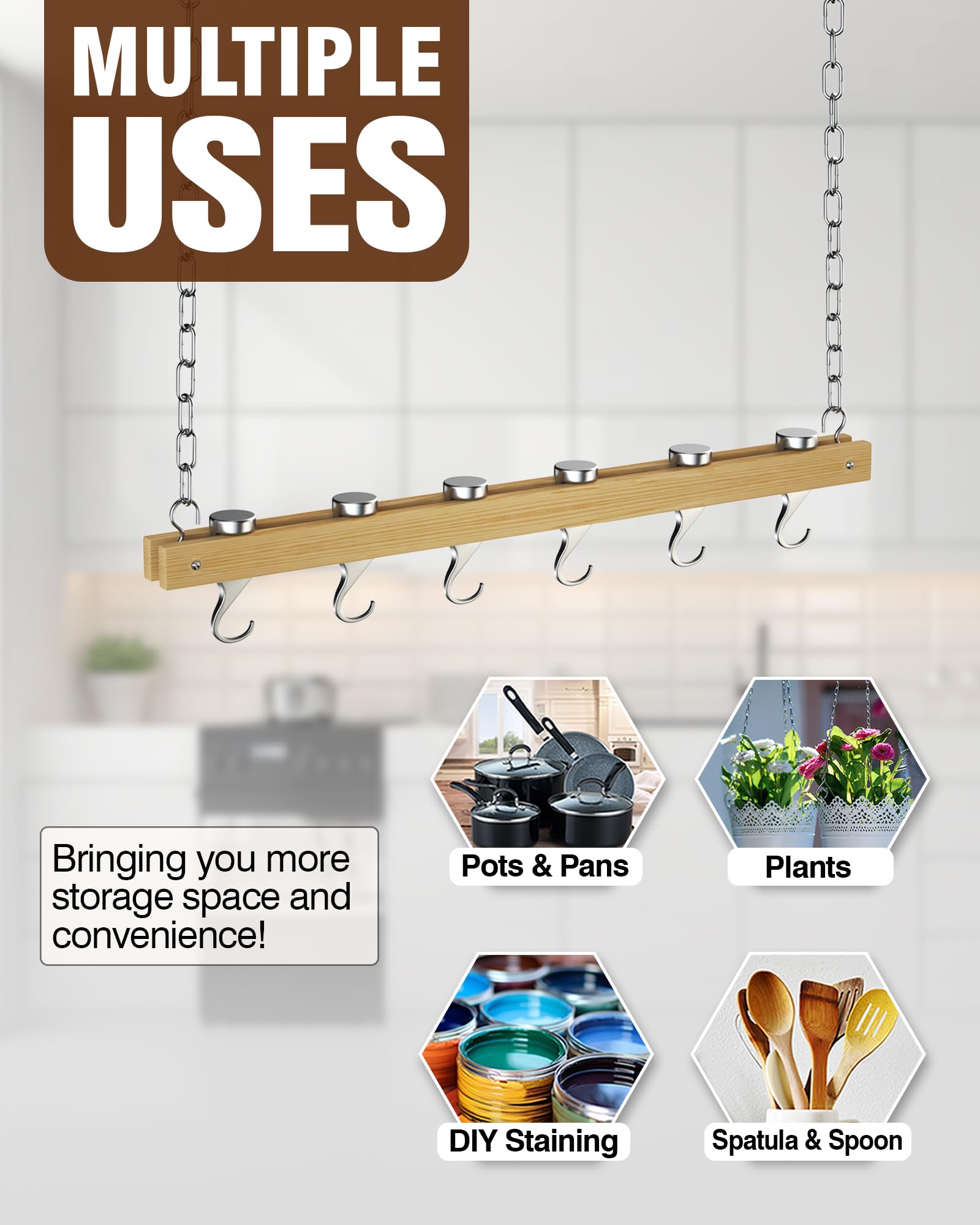 Cooks Standard NC-00269 Standard, Single Bar, 36-Inch Ceiling Mounted Wooden Pot Rack, Brown