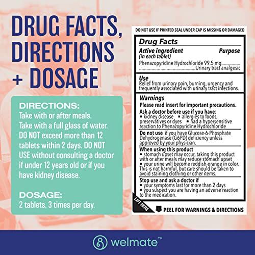 WELMATE Urinary Pain Relief | UTI Relief | Fast Acting | Bladder Discomfort & Pain Relief | Phenazopyridine Hydrochloride 99.5mg | 72 Count Tablets