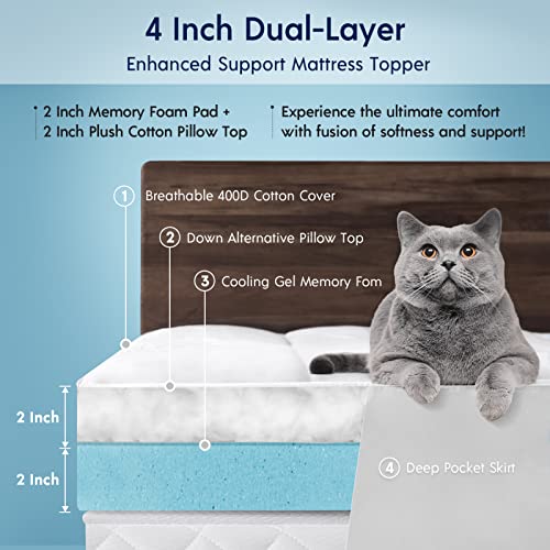 Phantoscope 4 Inch Dual Layer Memory Foam Mattress Topper, King Size, 2 Inch Cooling Gel Memory Foam + 2 Inch Cotton Pillow Top Cover, Relieve Hip and Back Pain for Stomach and Side Sleepers White