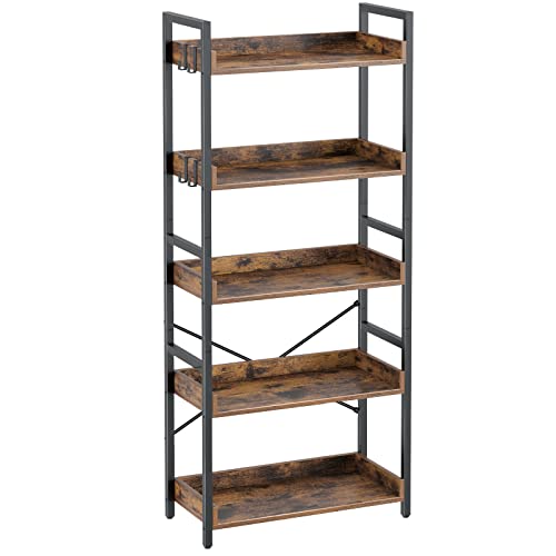 Rolanstar Bookshelf 5 Tier with 4 Hooks, Industrial Wood Bookcase, Vintage Storage Rack with Open Shelves, Rustic Standing Bookshelves Metal Frame Display Rack for Living Room, Bedroom, Rustic Brown
