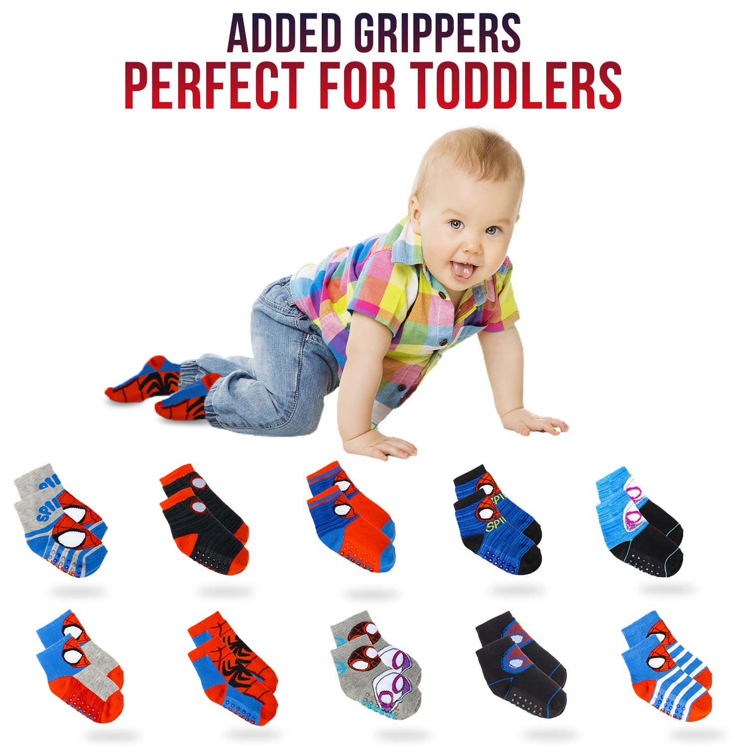 Spiderman Grip Socks, Socks for Toddler Boys, 10 Pack, Spider man Toddler Gripper Socks, Amazing Spiderman Variety Pack 6-12 Months