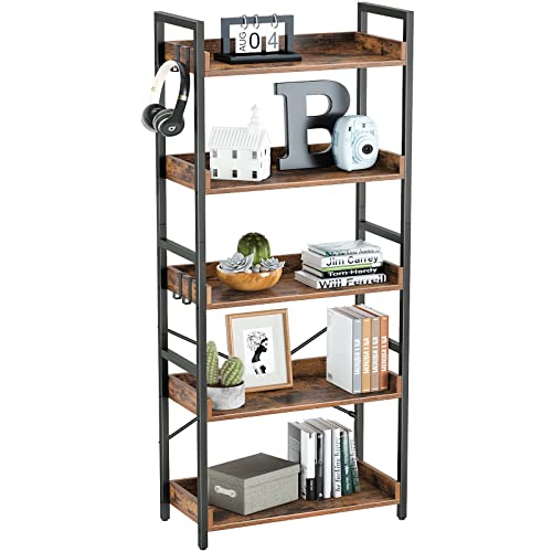 Rolanstar Bookshelf 5 Tier with 4 Hooks, Industrial Wood Bookcase, Vintage Storage Rack with Open Shelves, Rustic Standing Bookshelves Metal Frame Display Rack for Living Room, Bedroom, Rustic Brown
