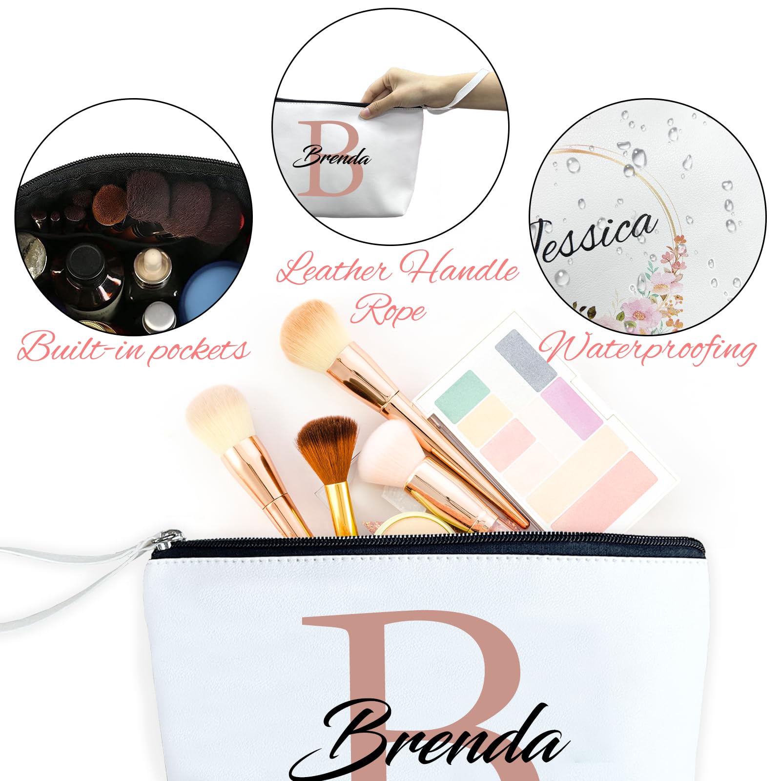 ubmpj Personalized Makeup Bag PU Leather Waterproof Custom Monogrammed Cosmetic Bag with Inner Pocket Gift for Wedding Birthday Christmas Bride Bridesmaid Friends