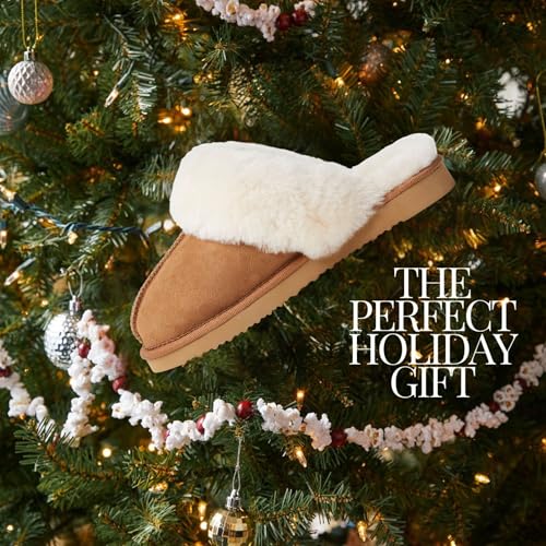 Dearfoams womens Fireside Sydney Shearling Fur Indoor/Outdoor Scuff With Wide Widths Slipper, Chestnut, 9 US