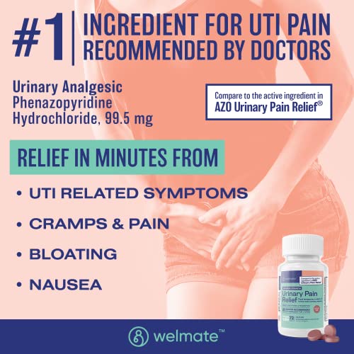 WELMATE Urinary Pain Relief | UTI Relief | Fast Acting | Bladder Discomfort & Pain Relief | Phenazopyridine Hydrochloride 99.5mg | 72 Count Tablets