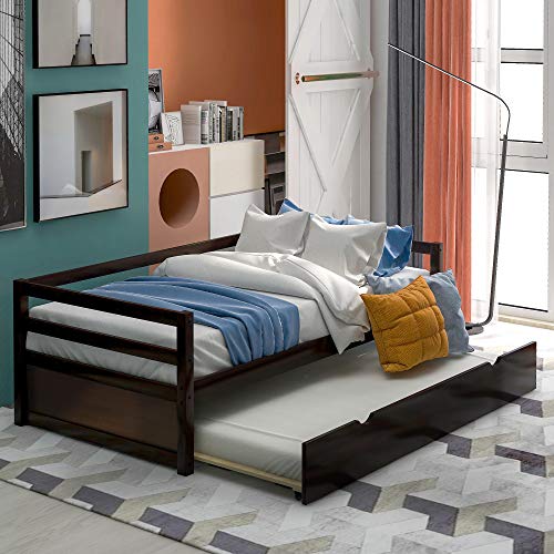 Harper & Bright Designs Wood Daybed with a Trundle, Trundle Daybed Twin Size, Sofa Bed for Living Room Bedroom. No Box Spring Required (Twin, Espresso)
