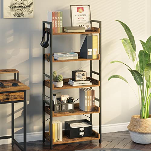 Rolanstar Bookshelf 5 Tier with 4 Hooks, Industrial Wood Bookcase, Vintage Storage Rack with Open Shelves, Rustic Standing Bookshelves Metal Frame Display Rack for Living Room, Bedroom, Rustic Brown