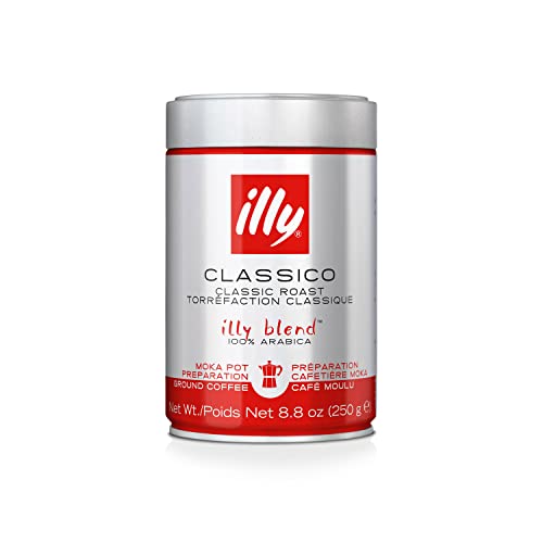 Illy Classico Ground Moka Coffee, Medium Roast, 100% Arabica Bean Signature Italian Blend, Pressurized Fresh, Stovetop Moka Pot Preparations, 8.8 Ounce Can (Pack of 1)