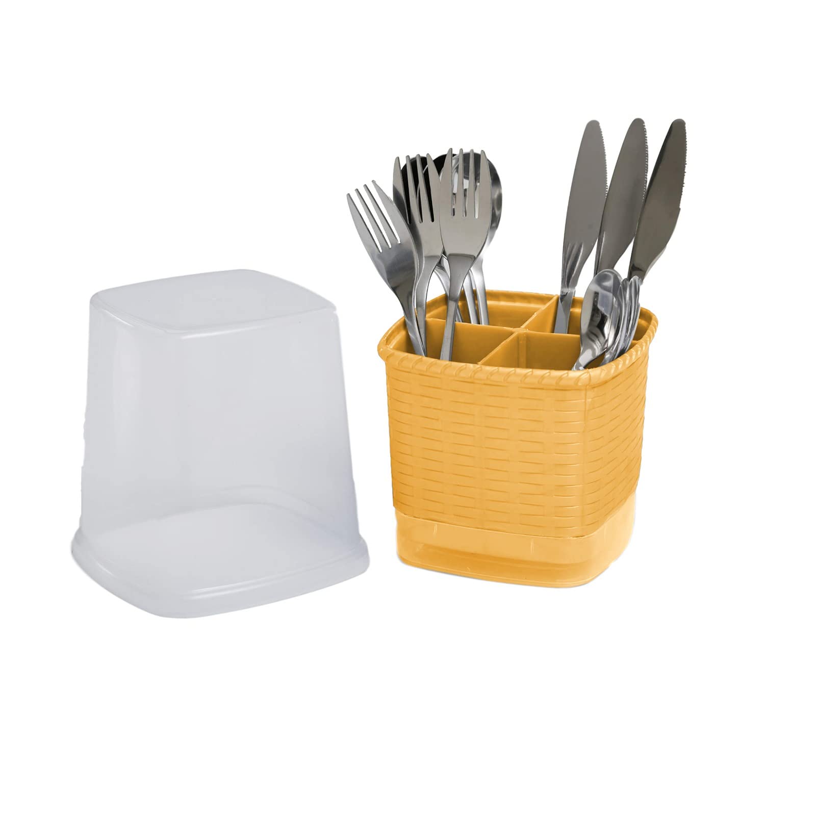 Rattan Covered Cutlery and Utensil holder, Flatware Plastic Caddy Organizer for Silverware with Cover top Perfect for Kitchen, picnic, home, BBQ, Party, Camping, Outdoor and Restaurant (BLACK)