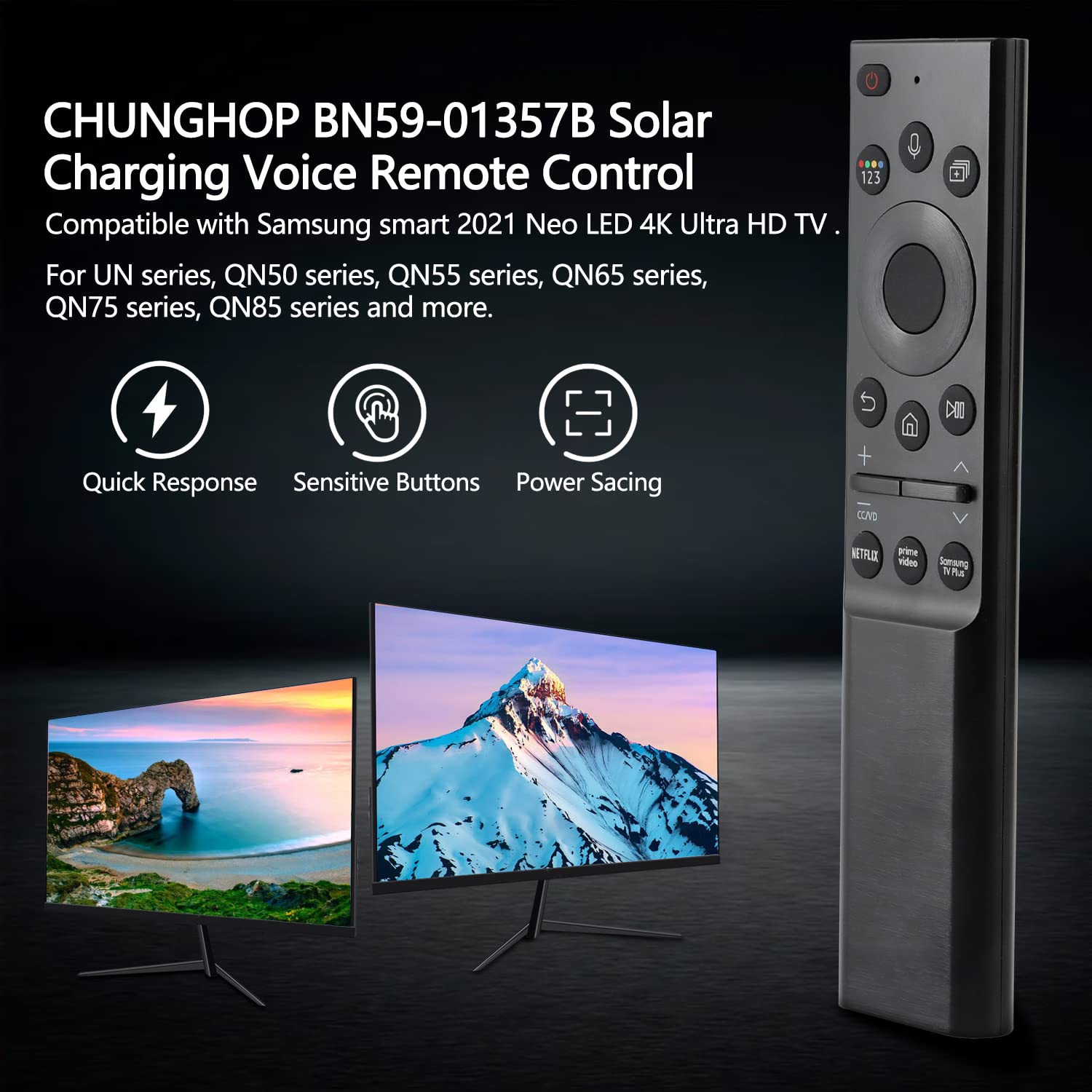 Solar Charging BN59-01357 Voice Remote Control Fit for Samsung Smart TVs, Solar Power RMCSPA1EP1 Remote Compatible with Samsung 2021 Neo LED Smart 4K Ultra HD TV, with 3 Shortcut Buttons