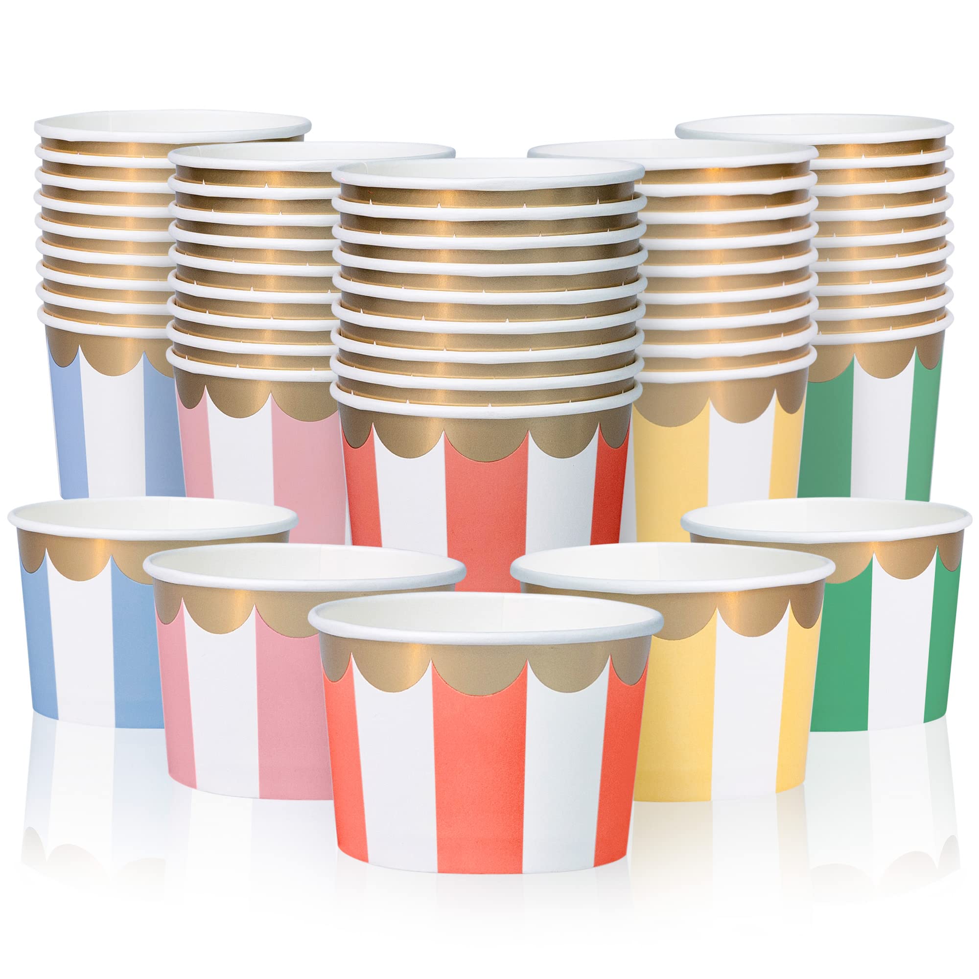 Paper Ice Cream Cups - 50-Count 9-Oz Disposable Dessert Bowls for Hot or Cold Food, 9-Ounce Party Supplies Treat Cups for Sundae, Frozen Yogurt, Soup, 5 Colors Pastel Stripes with Scalloped Gold Foil