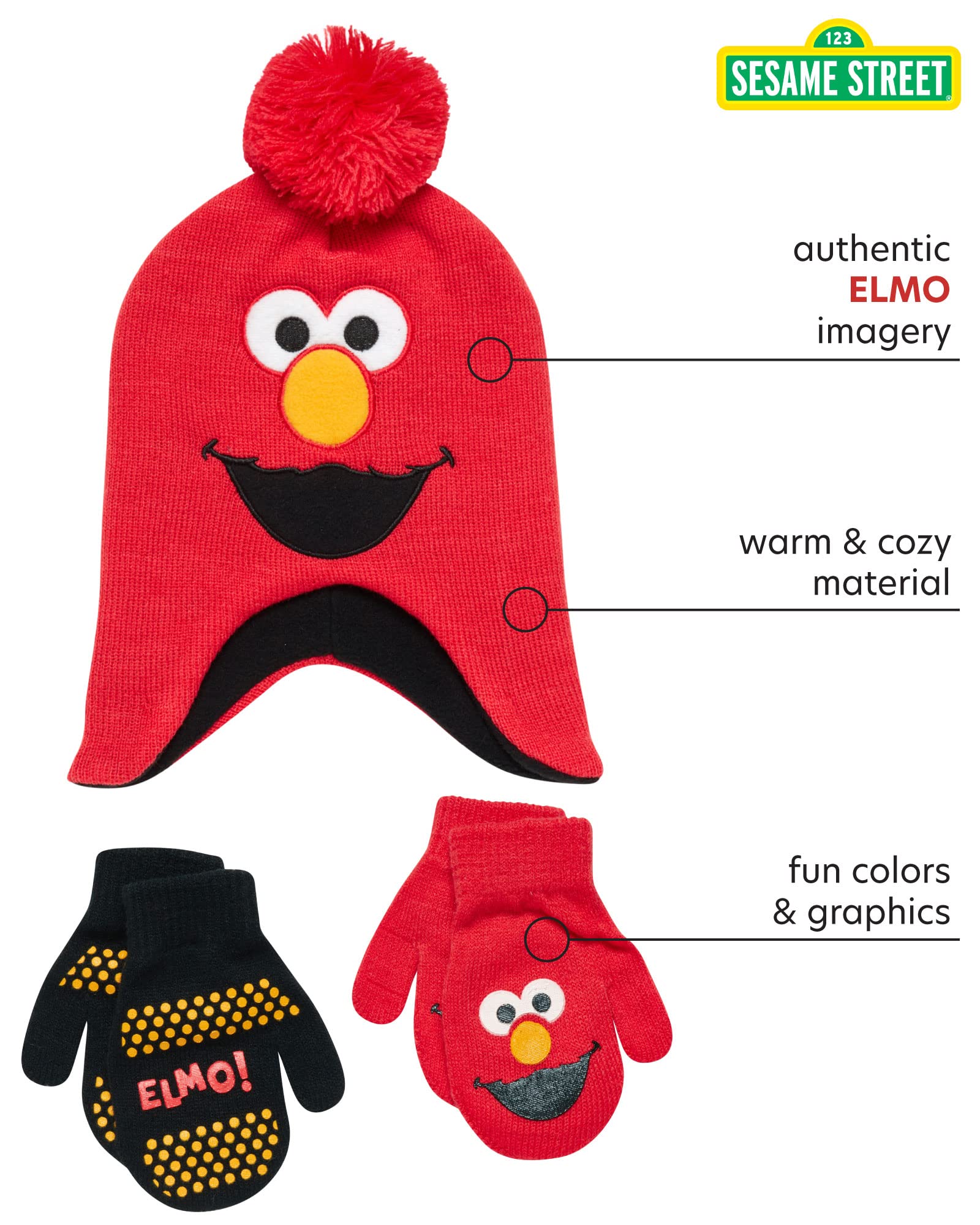 Sesame Street Elmo Hat and 2 Pair Mittens Cold Weather Set, Toddler Boys Age 2-4