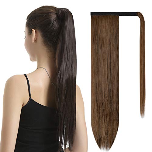 BARSDAR 26 inch Ponytail Extension Long Straight Wrap Around Clip in Synthetic Fiber Hair for Women - Dark Brown mix Auburn Evenly