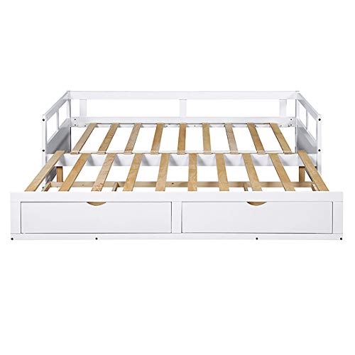 Wooden Daybed Extendable Bed with Two Storage Drawers, Sofa Bed for Bedroom Living Room, Twin/King Size (White with Drawers)