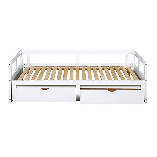 Wooden Daybed Extendable Bed with Two Storage Drawers, Sofa Bed for Bedroom Living Room, Twin/King Size (White with Drawers)