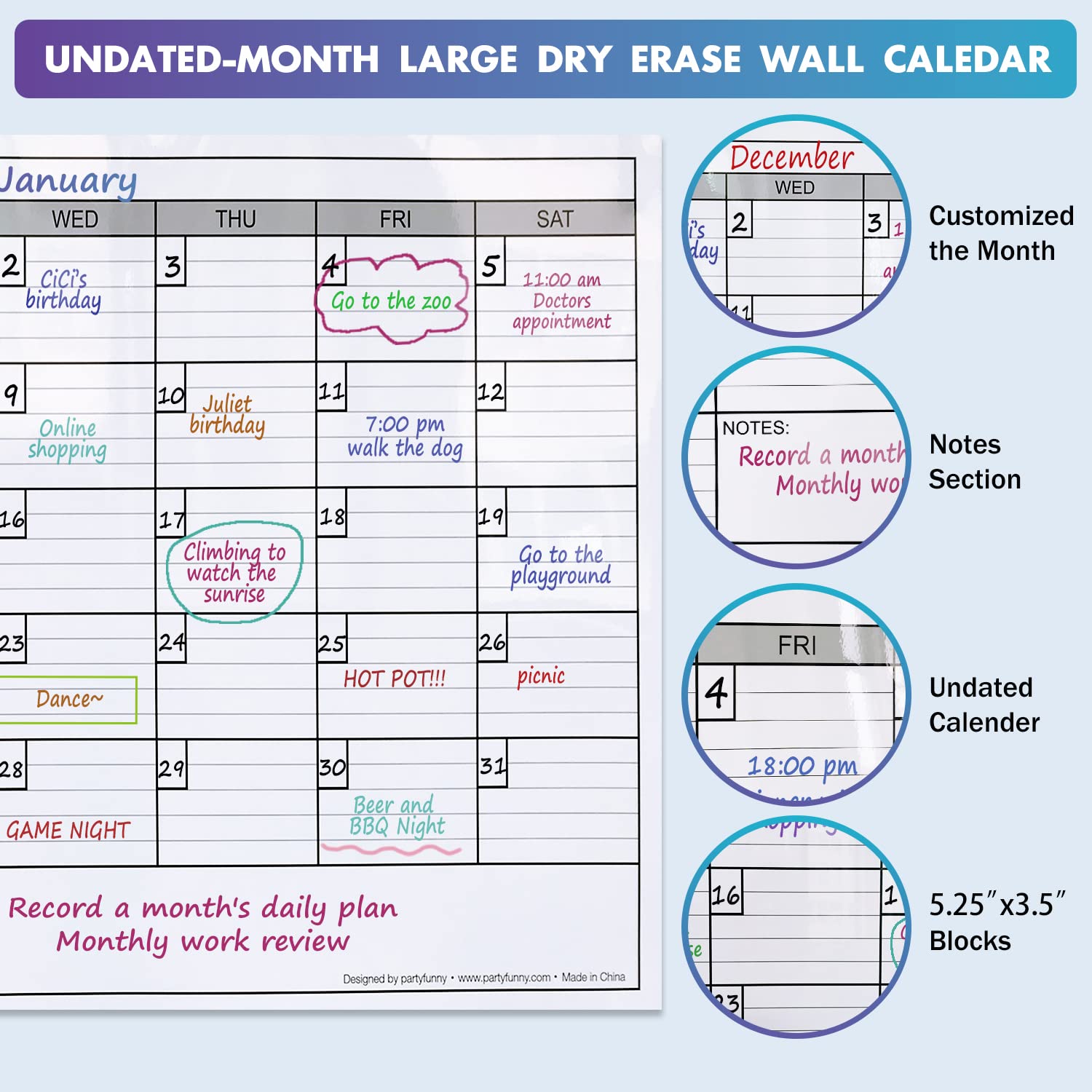 Dry Erase Monthly Laminated Jumbo Whiteboard Calendar, 25" by 38",Erasable Family Schedule Planner