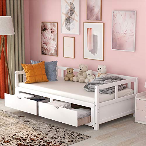 Wooden Daybed Extendable Bed with Two Storage Drawers, Sofa Bed for Bedroom Living Room, Twin/King Size (White with Drawers)