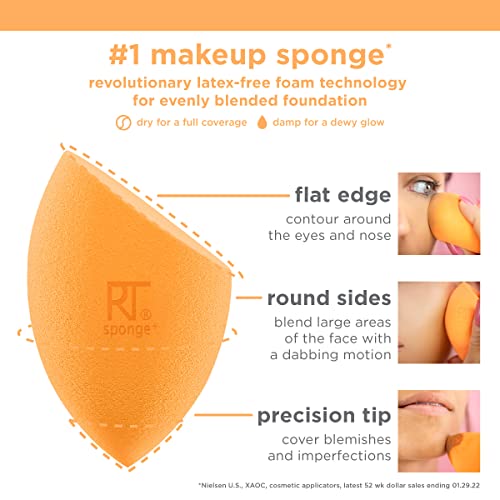 Real Techniques Miracle Complexion Sponge, Makeup Blending Sponge, For Foundation, Offers Light To Medium Coverage, Natural, Dewy Makeup, Orange Sponge, Latex-Free Foam, 4 Count