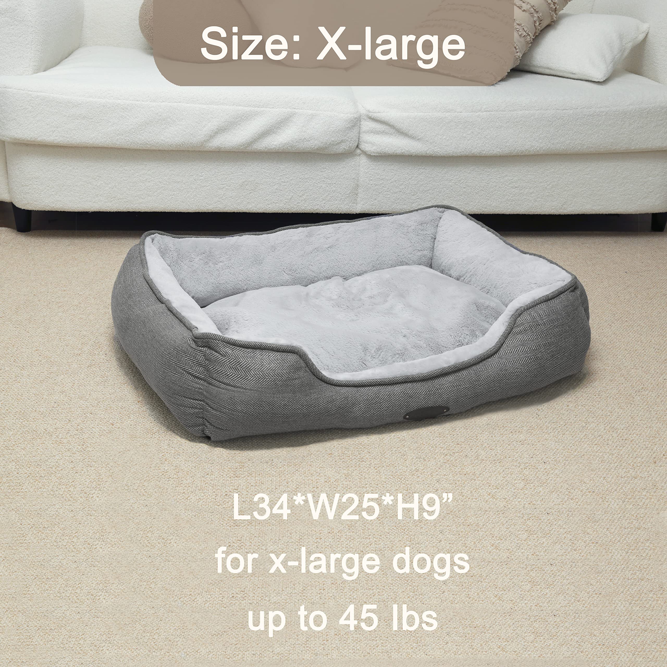 DEBANG HOME Dog Bed for Large Dogs,Medium Dog Bed for Medium Dogs,Calming Dog Beds,Anxiety Comfy Durable Pet Beds with Reversible&Washable Cushion,Square Dog Bed in Grey Color