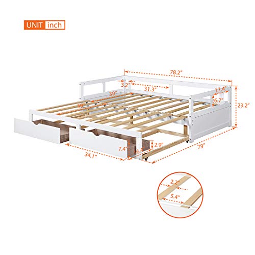 Wooden Daybed Extendable Bed with Two Storage Drawers, Sofa Bed for Bedroom Living Room, Twin/King Size (White with Drawers)