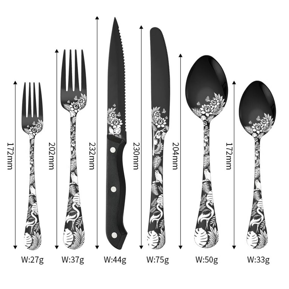 24 Piece Black Patterned Silverware Set Food-Grade Stainless Steel Cutlery Set With Steak Knives Flatware Set for 4 Mirror Polished Tableware Utensil for Home Kitchen Restaurant Ergonomic Durable