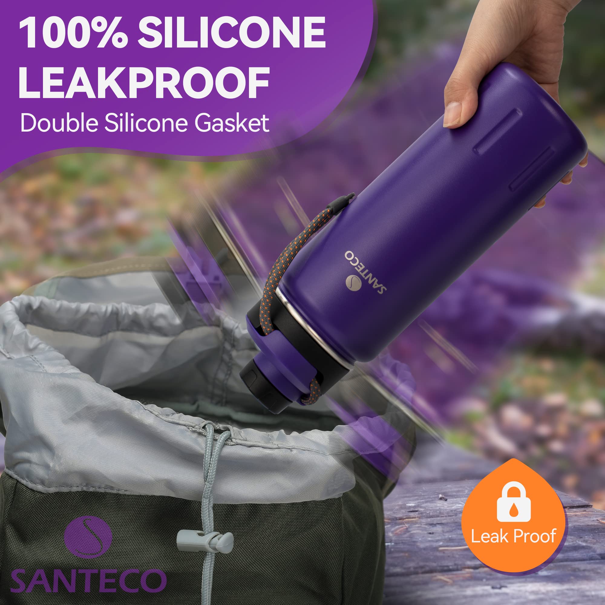 SANTECO Insulated Water Bottles 24 oz, Stainless Steel Thermos with Lanyard & Wide Mouth Spout Lid, Leak Proof, Double Wall Vacuum Water Bottle, Keep Drinks Hot & Cold for Hiking Camping - Purple