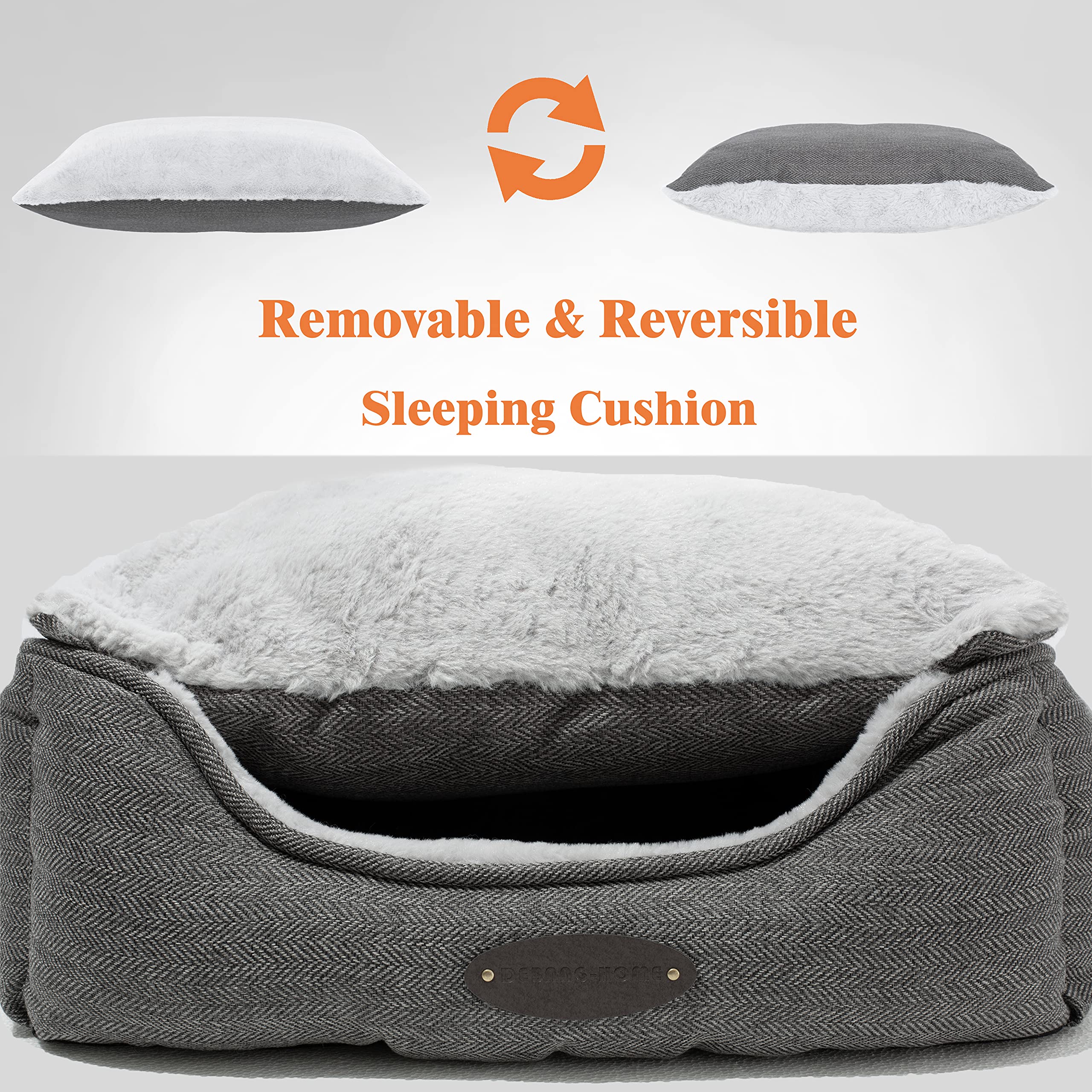 DEBANG HOME Dog Bed for Large Dogs,Medium Dog Bed for Medium Dogs,Calming Dog Beds,Anxiety Comfy Durable Pet Beds with Reversible&Washable Cushion,Square Dog Bed in Grey Color