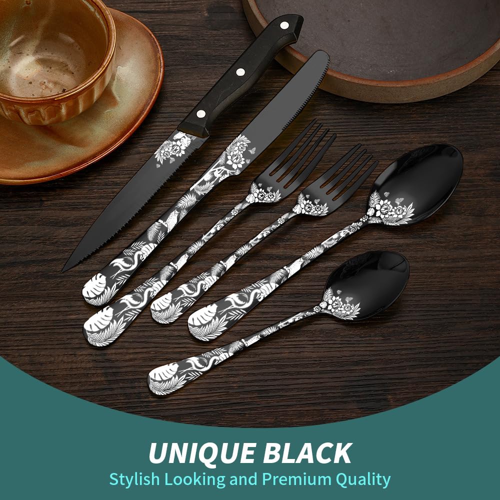 24 Piece Black Patterned Silverware Set Food-Grade Stainless Steel Cutlery Set With Steak Knives Flatware Set for 4 Mirror Polished Tableware Utensil for Home Kitchen Restaurant Ergonomic Durable