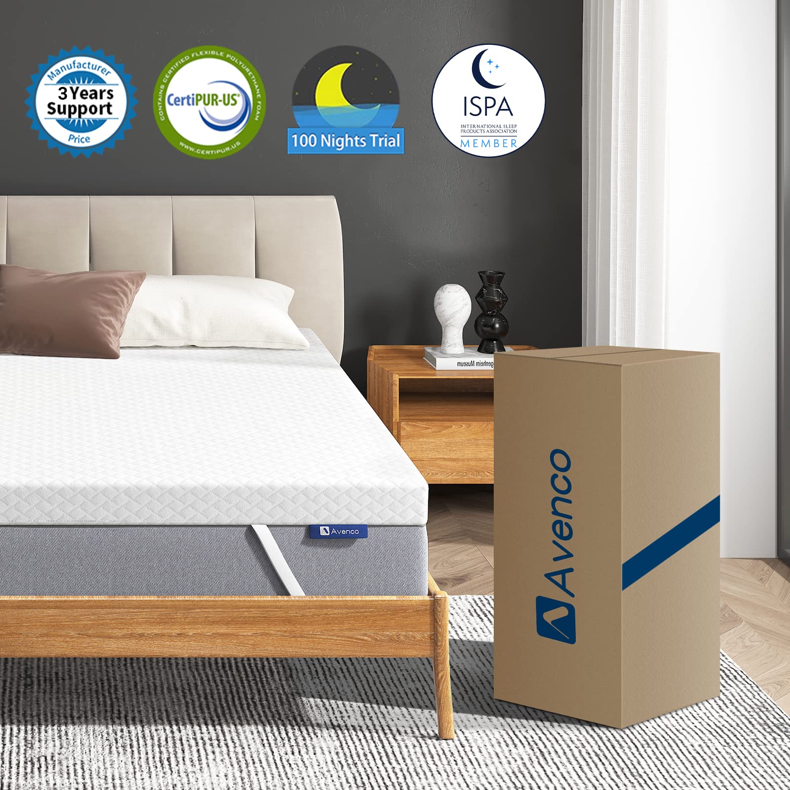 Queen Mattress Topper, Avenco Memory Foam Mattress Topper Queen Size, 4 Inch Mattress Toppers for Queen Bed with Removable Cover, Reversible Medium Firm, Comfort CertiPUR-US Foam White