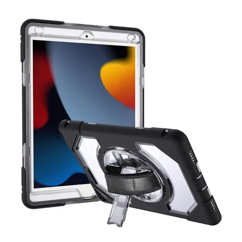 iPad Pro 10.5 Inch Case 2017/ iPad Air 3 Case 2019 for Kids | Heavy Duty Rugged Protective Case with 360 Rotating Stand+[Hand Strap] | Clear with Black Trim