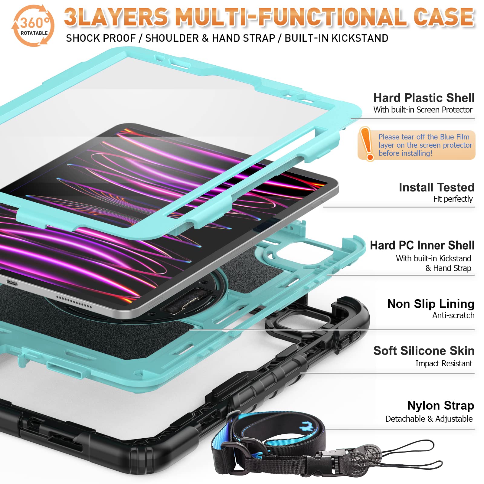 Timecity Case for iPad Pro 11 inch 2022/2021 (4th/ 3rd Generation), Shockproof Case with Screen Protector, Swivel Stand, Handle, Shoulder Strap, Pencil Holder Case for iPad Pro 11 Inch- Light Blue