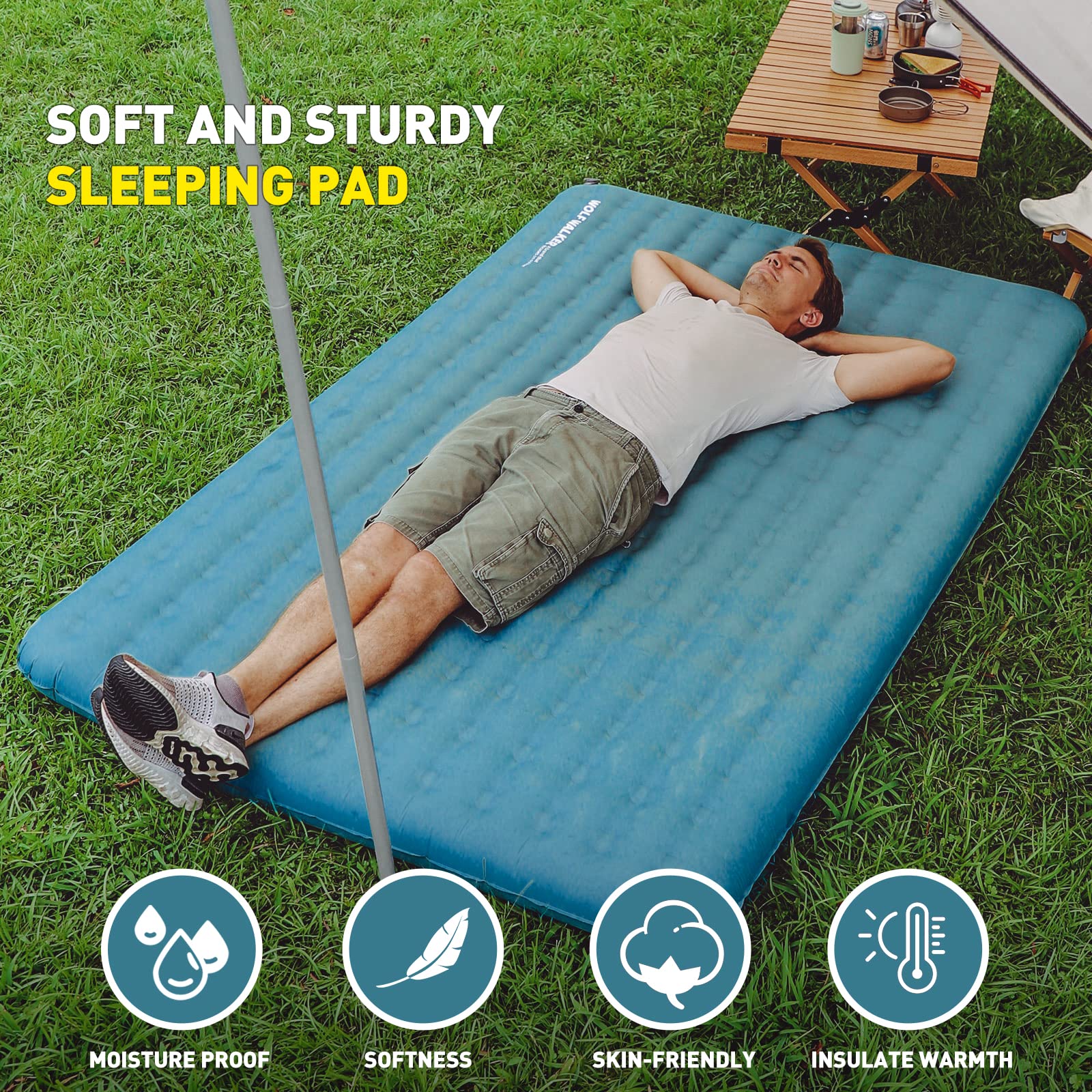 WOLF WALKER Double Sleeping Pad for Camping 2 Person Sleeping Pad Lightweight Camping Pad Air Mattress Portable Compact Self Inflating Waterproof 4 Inches Sleeping Mat for Hiking Traveling
