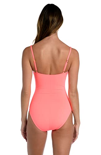 La Blanca Women's Island Goddess Over The Shoulder Rouched Front Bandeau One Piece Swimsuit, Hot Coral, 16